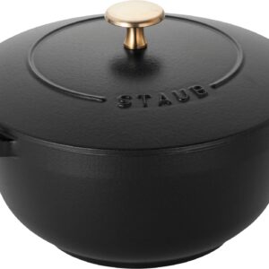 staub Wa-NABE 40501-009 Wanabe Black L 20cm Two-Handed Cast Iron Pot, Rice Cooking, 3 Pieces, Induction Compatible