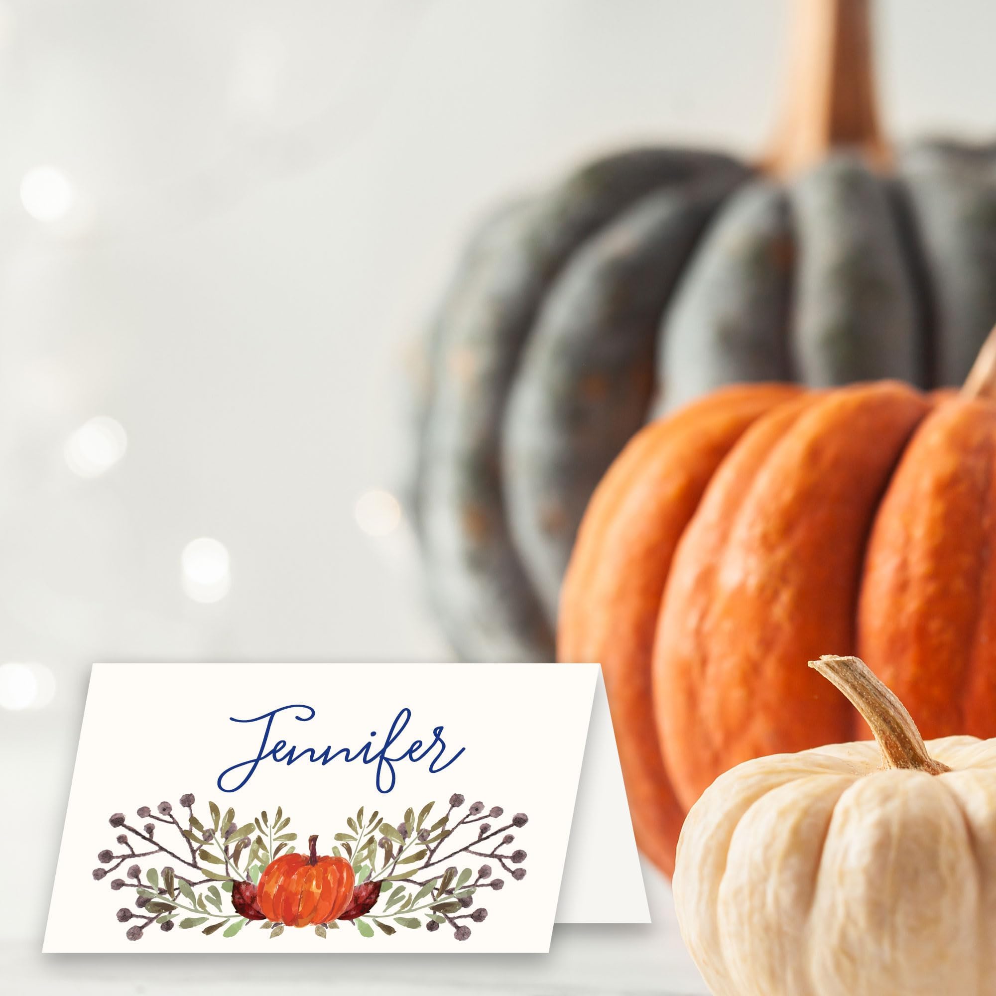 Koko Paper Co Thanksgiving Table Place Cards with Pumpkin and Fall Leaves | 50 Tent Style Dinner Setting Name Cards | Designed and Made in the U.S.A.