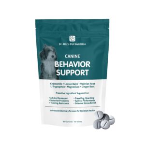 dr. bill’s canine behavior support | calming pet supplement for dogs | use on demand | contains chamomile, lemon balm, taurine, valerian, ginger root, and magnesium