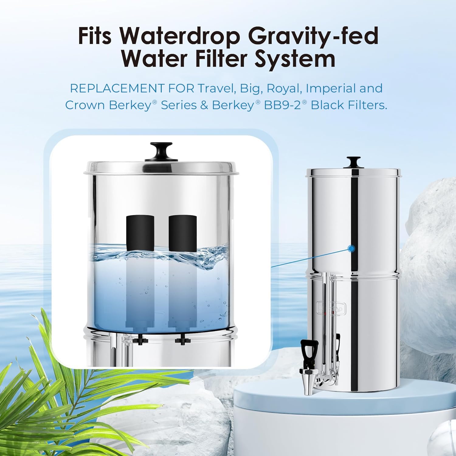 Waterdrop NSF/ANSI 42&372 Certified Water Filter, Replacement for Berkey® BB9-2® Black Filters, Berkey® Gravity Water Filter System and Waterdrop King Tank Series, (Pack of 2)