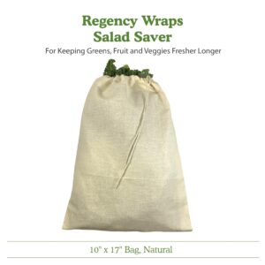 Regency Wraps Salad Saver, Reusable Drawstring Produce Bag for Storing Lettuce, Veggies and Fruit in the Refrigerator to keep fresh longer, 100% Cotton Kitchen Essential, 10 x 17 ", Natural