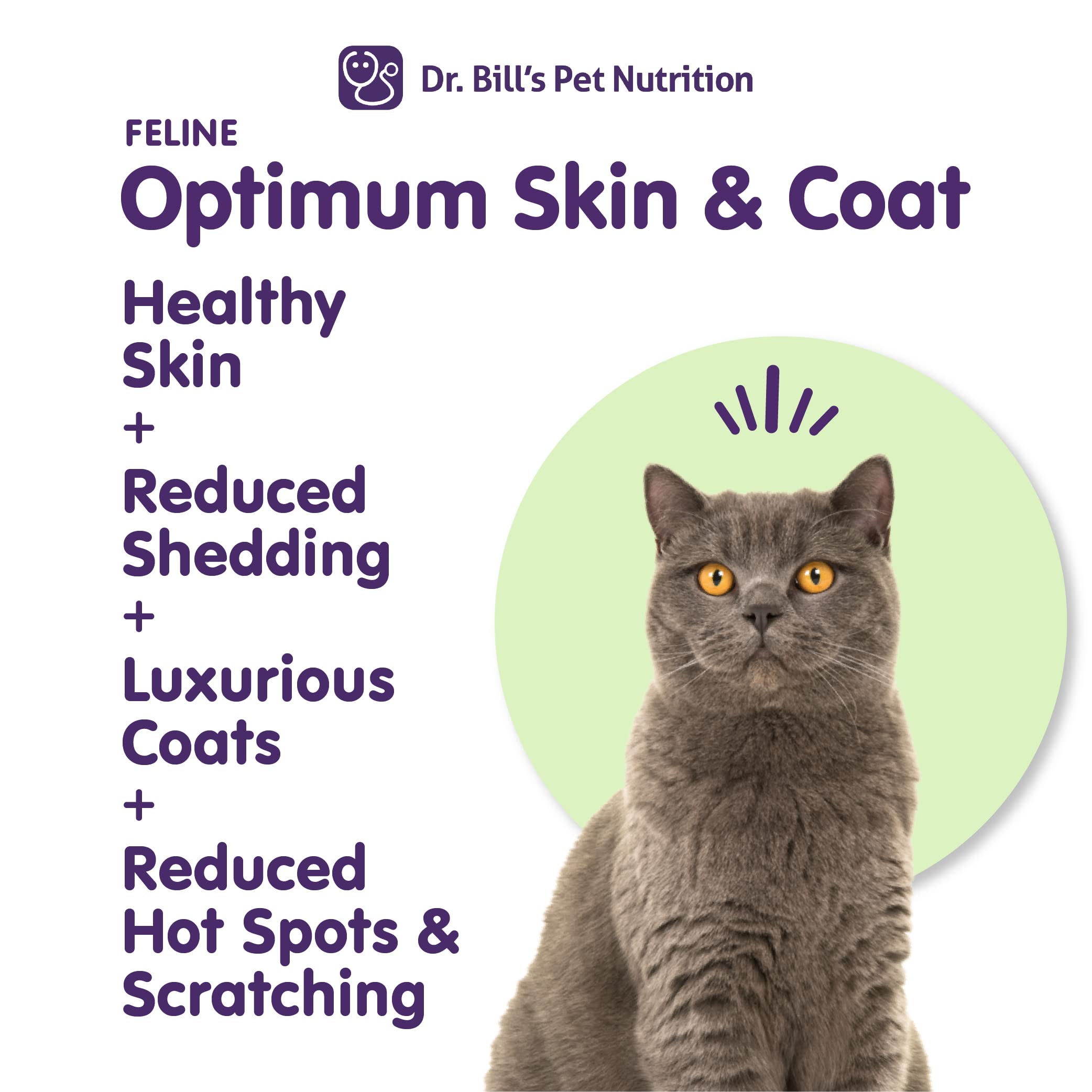 Dr. Bill’s Feline Optimum Skin & Coat – Fish Oil Omega-3 Fatty Acids for Cats Healthy Fur | Reduce Shedding and Hairballs with Biotin, Type I & III Marine Collagen, Hyaluronic Acid, & Folic Acid