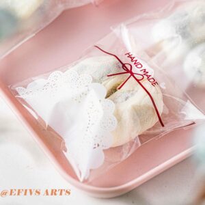 Efivs Arts 200pcs 5.5x5.5in Lovely Lace Bowknot Clear Biscuit Roasting Treat Present DIY Plastic Candy Individual Wrappers Self Adhesive OPP Cookie Bakery Decorating Favor Bags