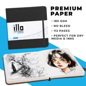 illo Sketchbook 8’’ x 8’’ Square Hardcover High-Quality Sketch Book, (112lb/180gsm) Heavyweight Paper, Ribbon Marker, Back Pocket, Lays Flat, Minimal Bleed, Vegan, for Artists & Beginners