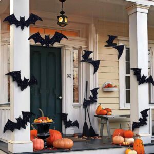 pawliss halloween decorations outdoor: 10pcs hanging bats stickers wall decals window sticker, large 3d bats with glitter removable halloween yard front door porch decoration party gothic decor indoor