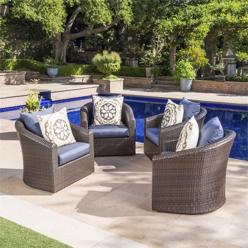 GDFStudio Outdoor Aluminum Framed Mix Brown Wicker Swivel Club Chair with Water Resistant Cushions (Set o f4, Navy Blue)