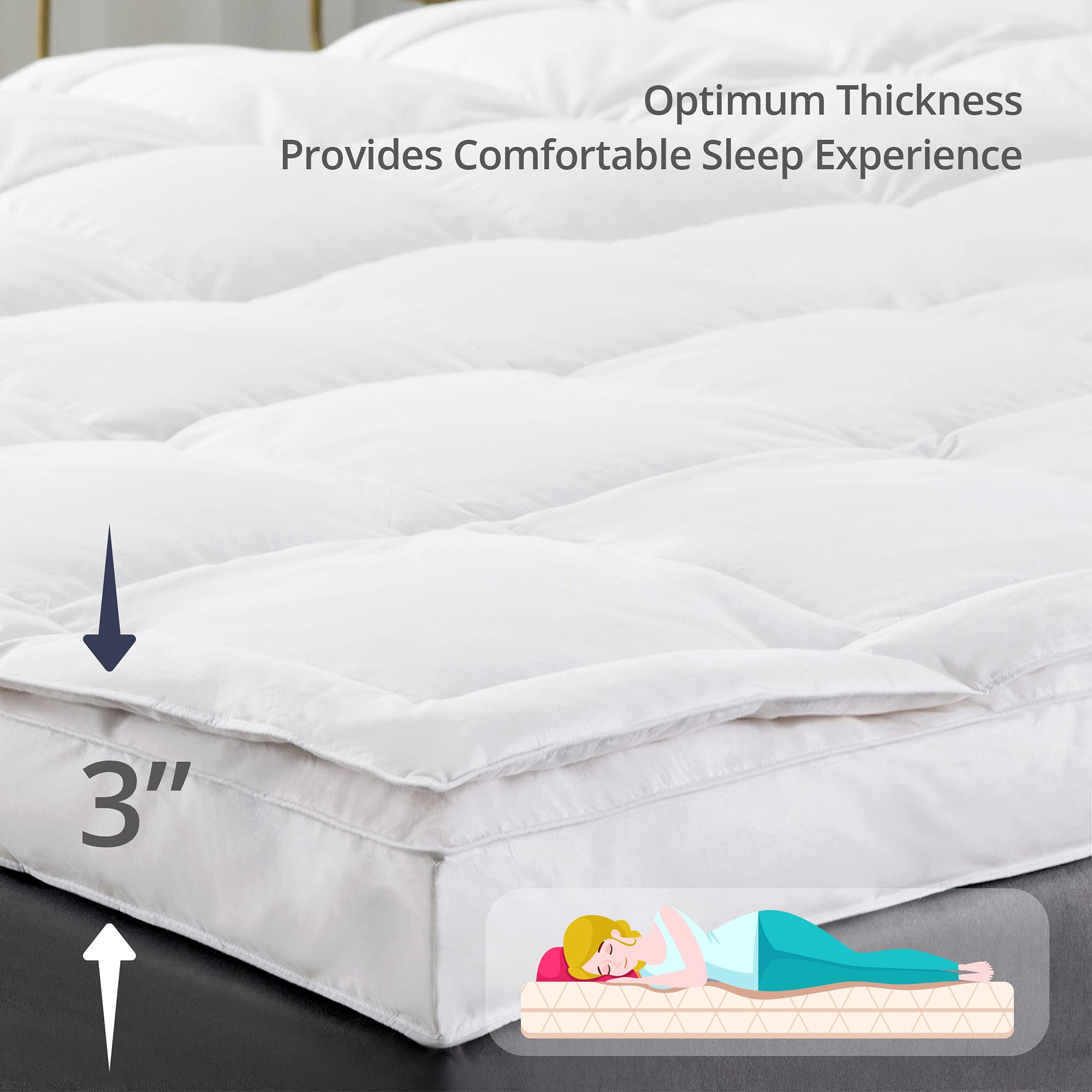 puredown® Premium White Goose Overfilled Bed Topper 100% Cotton Fabric Mattress Pad, King, Alternative and Feather