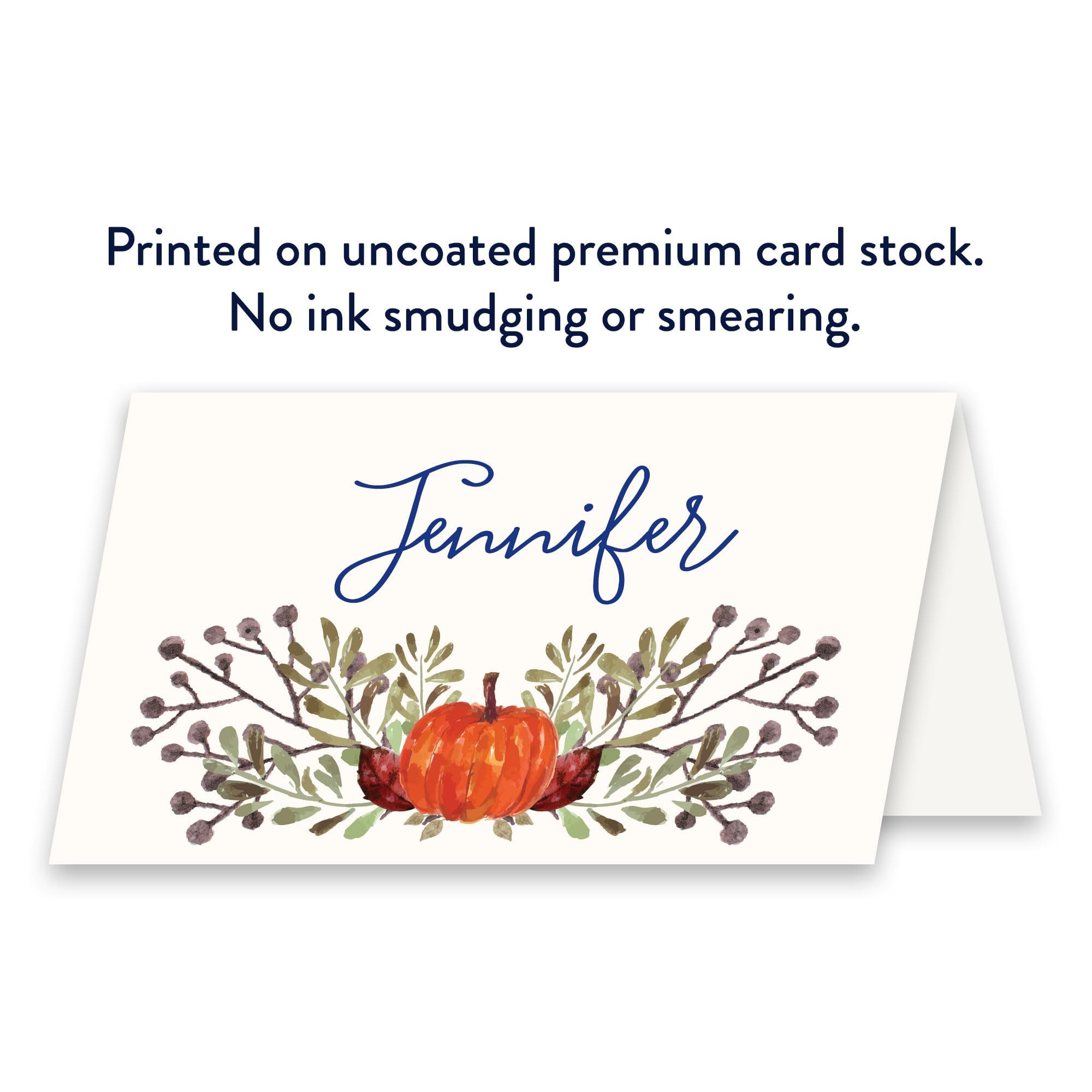 Koko Paper Co Thanksgiving Table Place Cards with Pumpkin and Fall Leaves | 50 Tent Style Dinner Setting Name Cards | Designed and Made in the U.S.A.