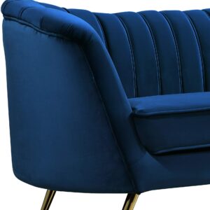 Meridian Furniture Margo Collection Modern | Contemporary Velvet Upholstered Sofa with Deep Channel Tufting and Rich Gold Stainless Steel Legs, Navy, 88" W x 30" D x 33" H