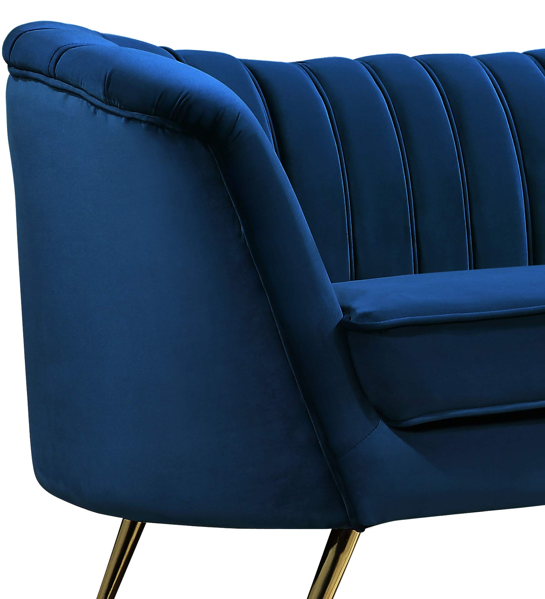 Meridian Furniture Margo Collection Modern | Contemporary Velvet Upholstered Sofa with Deep Channel Tufting and Rich Gold Stainless Steel Legs, Navy, 88" W x 30" D x 33" H