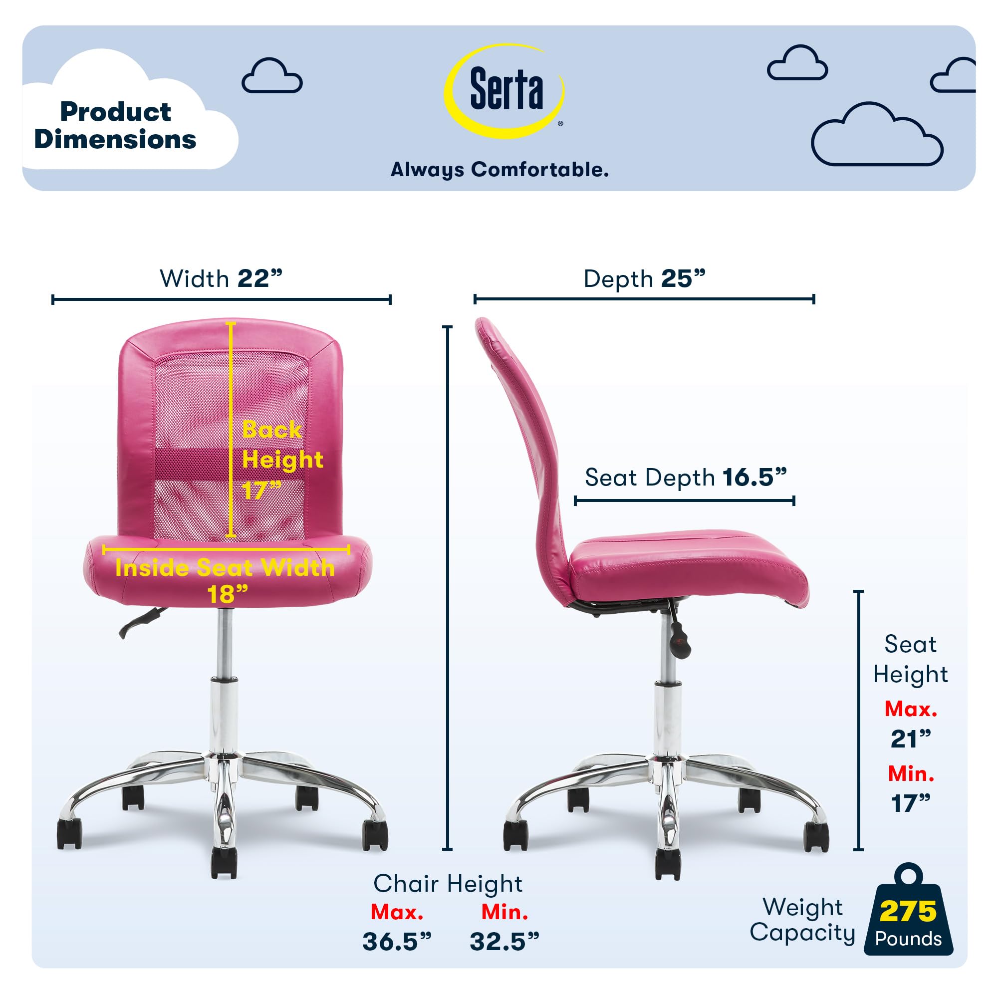 Serta Essential Armless Desk Chair Small TaskChair with Wheels, Breathable Mesh Back, SertaQuality Foam Cushion Seat for Comfort, Functional, Lightweight and Versatile, Task, Pink