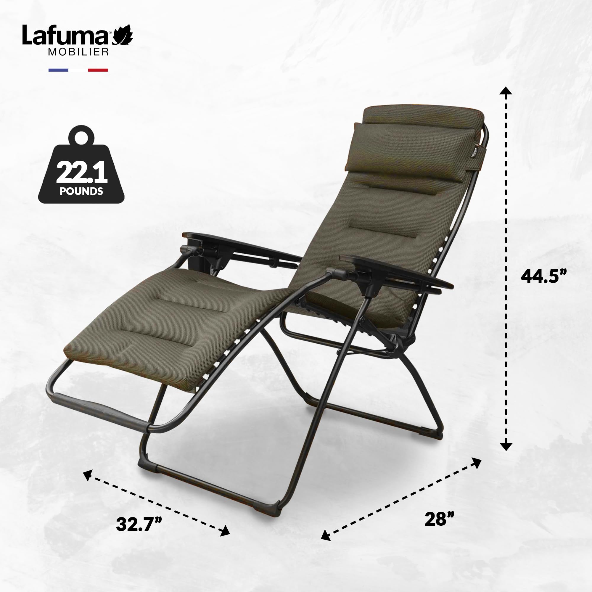 Lafuma Futura Air Comfort Zero Gravity Chair XL Series Outdoor Lounge Relaxation with Headrest, Cushion, Footrest and Foot Glides, Taupe Gray