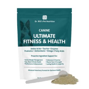 dr. bill’s canine ultimate fitness & health vitamins for dogs | multivitamin for dogs w/coenzyme q-10, vitamin e, vitamin d-3, biotin, folic acid, hyaluronic acid dog vitamins and supplements 680g