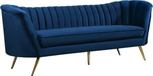 meridian furniture margo collection modern | contemporary velvet upholstered sofa with deep channel tufting and rich gold stainless steel legs, navy, 88" w x 30" d x 33" h