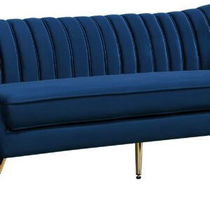 Meridian Furniture Margo Collection Modern | Contemporary Velvet Upholstered Sofa with Deep Channel Tufting and Rich Gold Stainless Steel Legs, Navy, 88" W x 30" D x 33" H