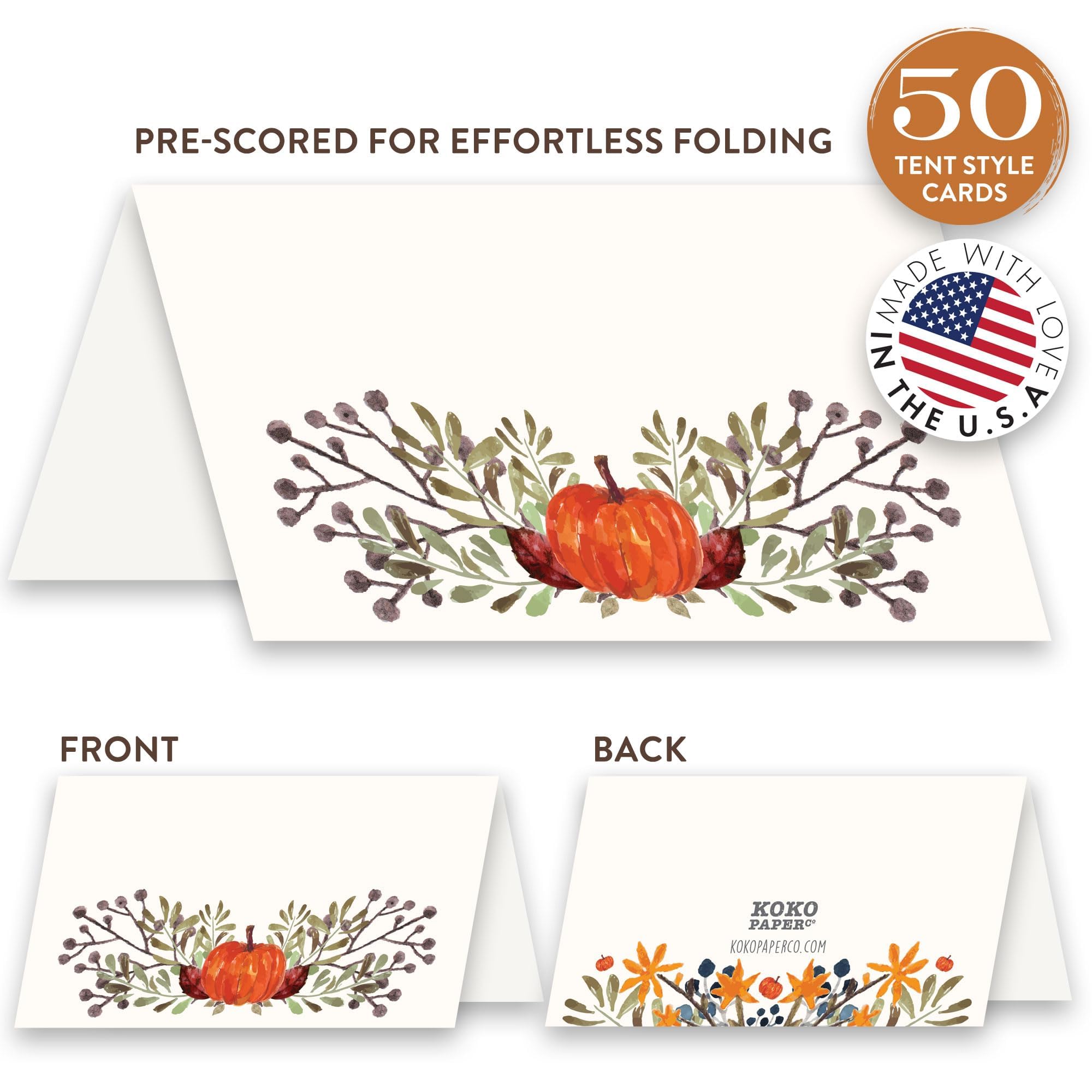 Koko Paper Co Thanksgiving Table Place Cards with Pumpkin and Fall Leaves | 50 Tent Style Dinner Setting Name Cards | Designed and Made in the U.S.A.