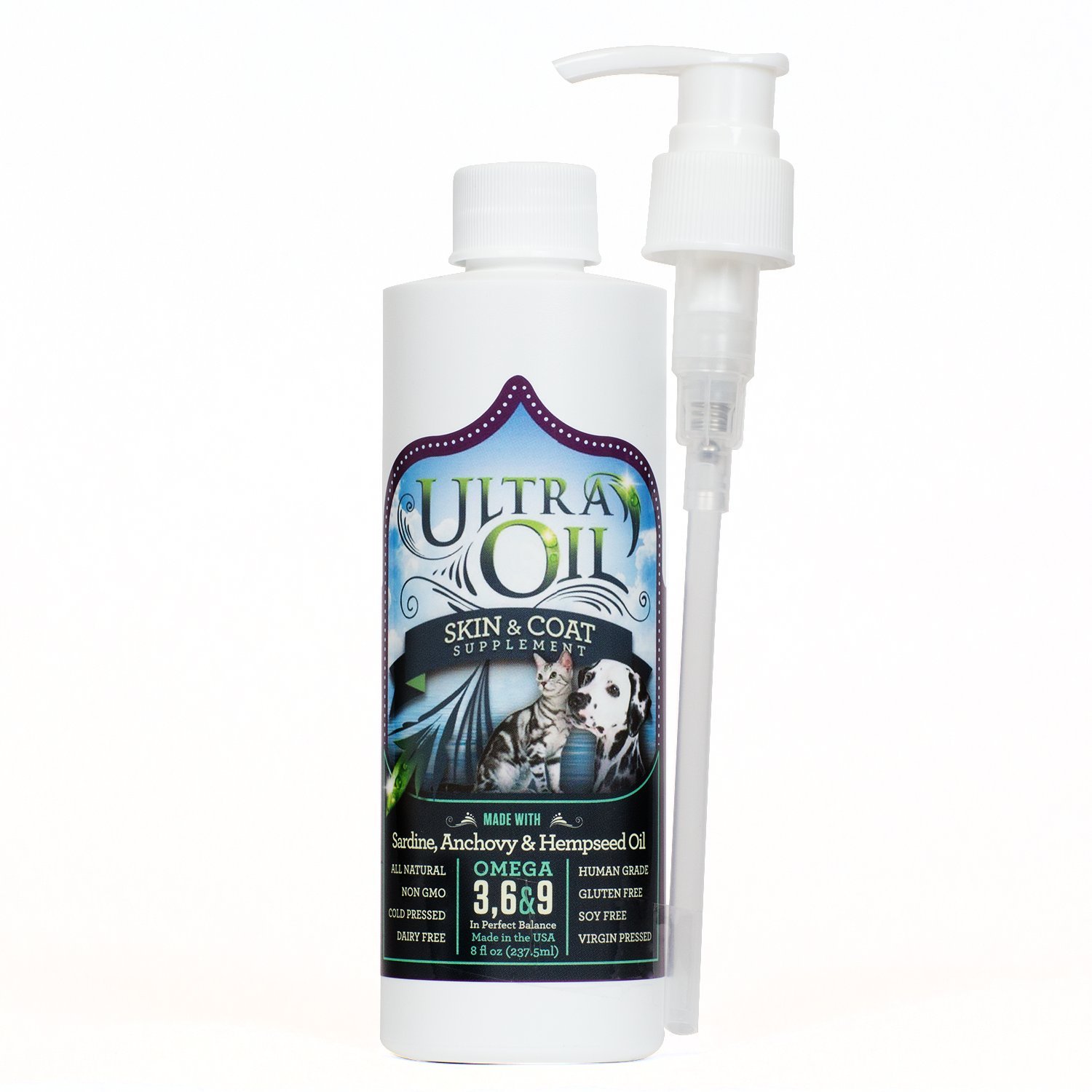 Ultra Oil Skin and Coat Supplement for Dogs & Cats - Hemp Seed Oil, Flaxseed Oil, Grape Seed Oil, Fish Oil for Relief from Dry Itchy Skin, Dandruff, and Allergies (8oz)