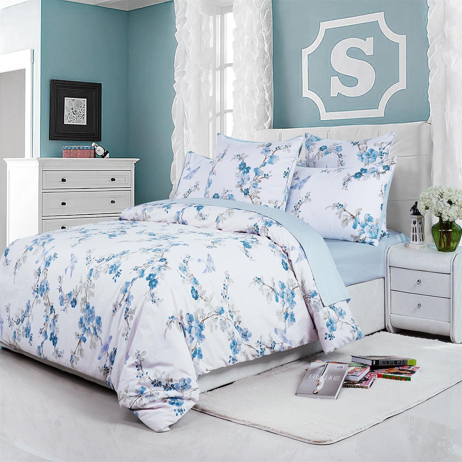 Brandream Blossom Floral Birds Duvet Cover Queen Size 100% Egyption Cotton Farmhouse Bedding Set White Blue Botanical Branches Flower Pattern