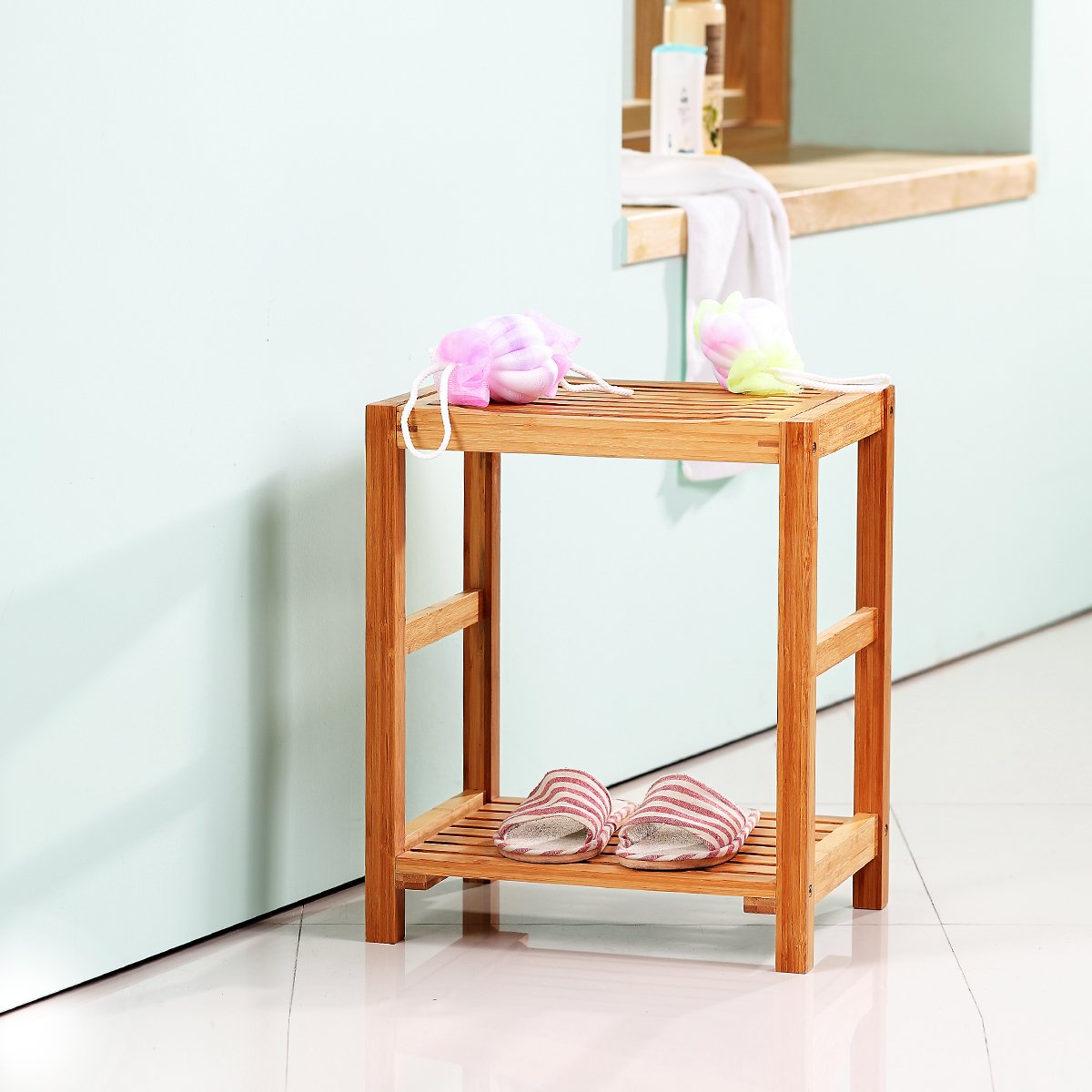 New Ridge Home Goods NewRidge Home Natural Bamboo Shower Seat, Shaving Stool, Spa Bath Bench with Storage Shelf