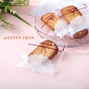 Efivs Arts 200pcs 5.5x5.5in Lovely Lace Bowknot Clear Biscuit Roasting Treat Present DIY Plastic Candy Individual Wrappers Self Adhesive OPP Cookie Bakery Decorating Favor Bags