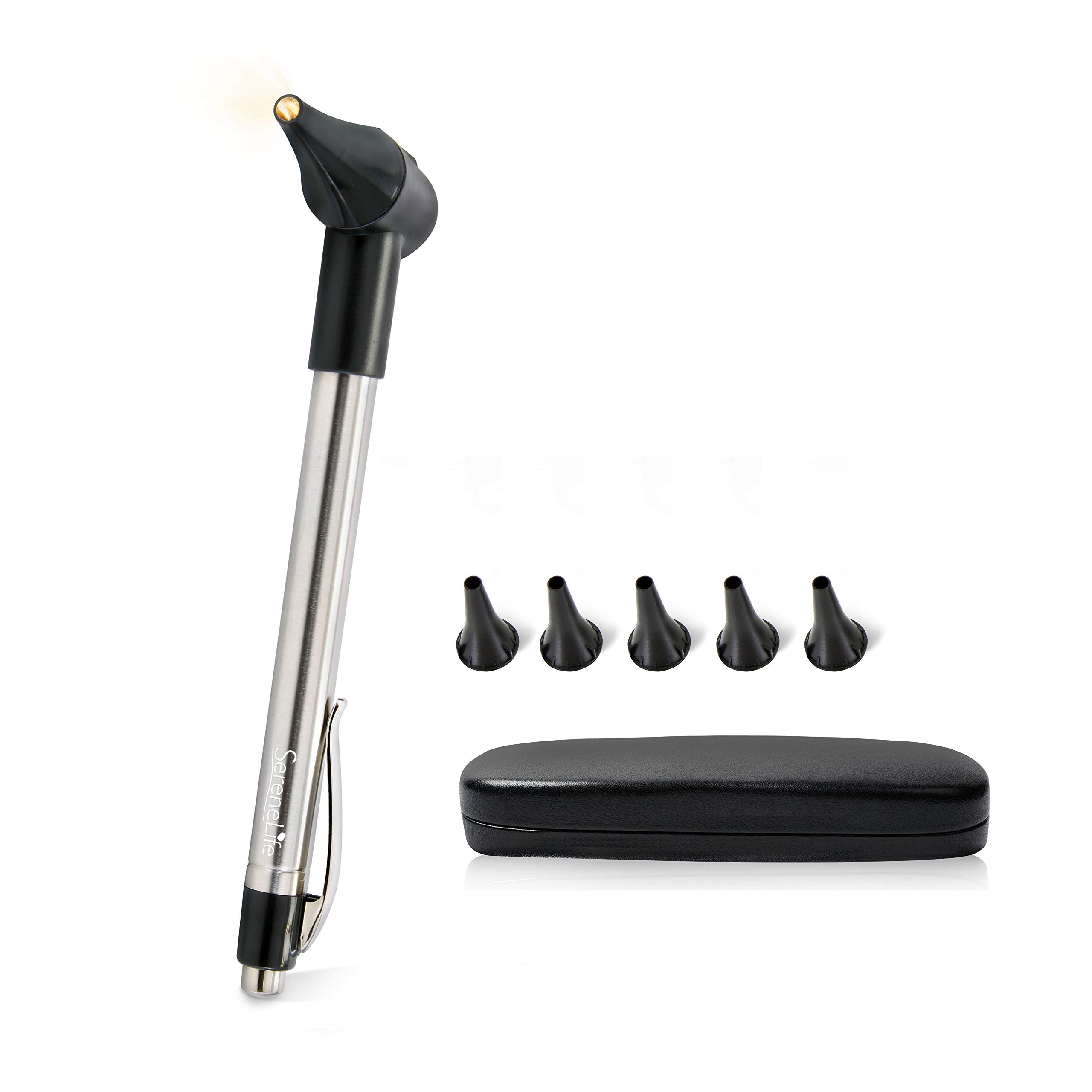 Serenelife Compact Fiber Optic Otoscope - Digital Bright LED Ear Light Design & 3x Magnification with Travel Case - Washable Speculum Tip - SLOTOSPE02,Black