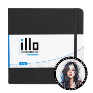 illo sketchbook 8’’ x 8’’ square hardcover high-quality sketch book, (112lb/180gsm) heavyweight paper, ribbon marker, back pocket, lays flat, minimal bleed, vegan, for artists & beginners