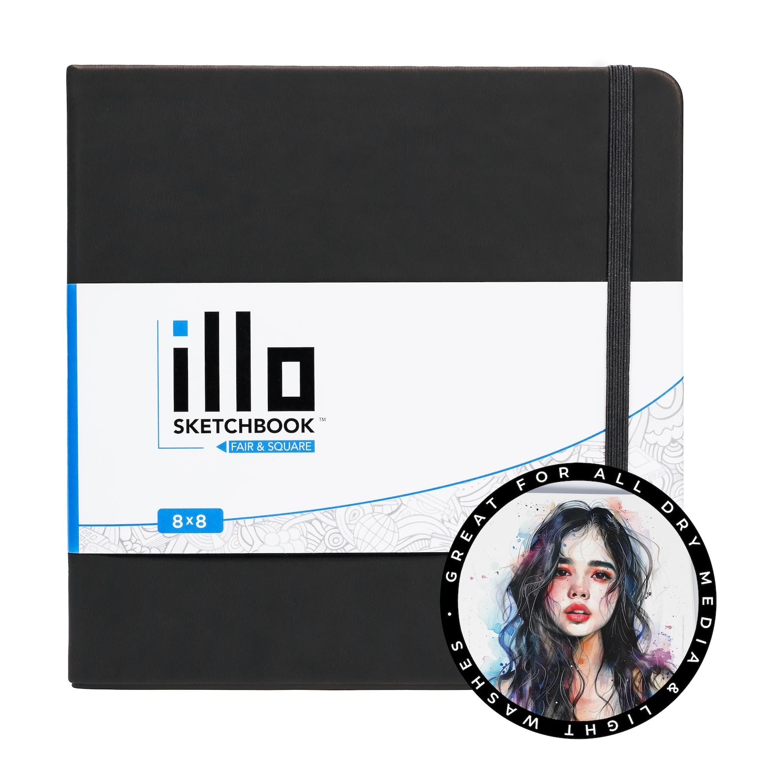 illo Sketchbook 8’’ x 8’’ Square Hardcover High-Quality Sketch Book, (112lb/180gsm) Heavyweight Paper, Ribbon Marker, Back Pocket, Lays Flat, Minimal Bleed, Vegan, for Artists & Beginners