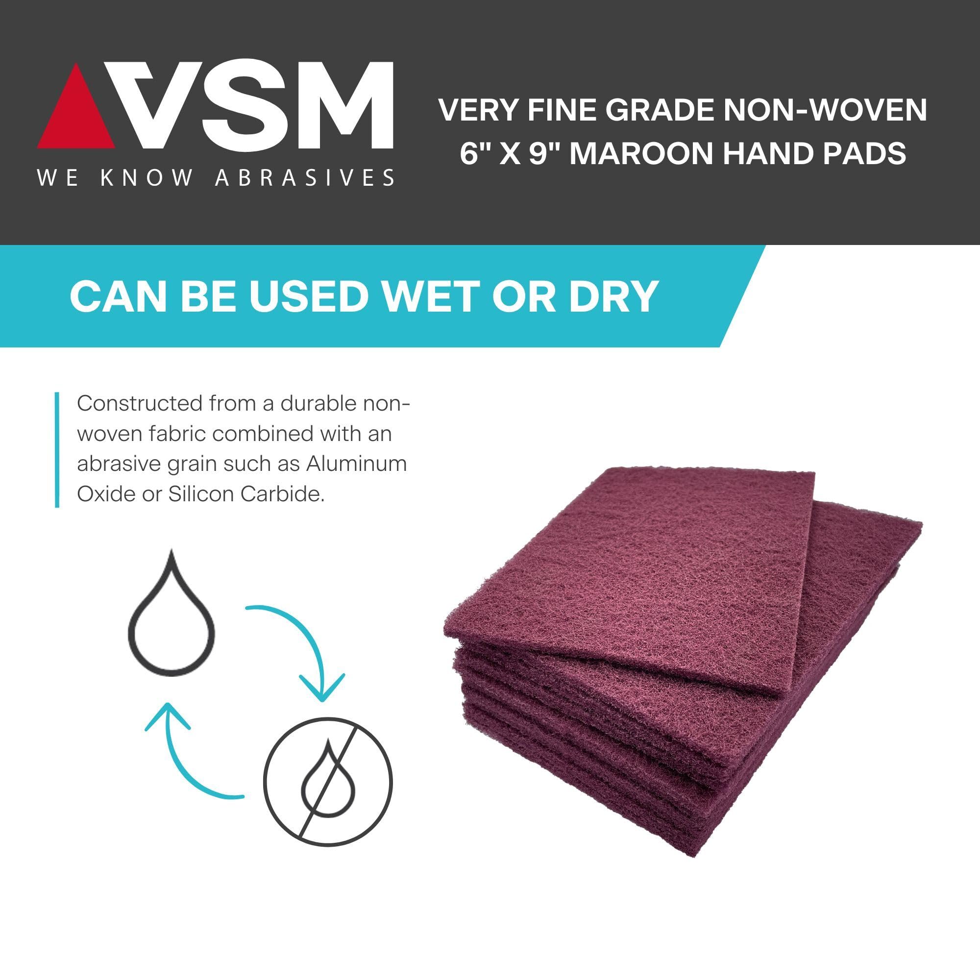 VSM 10-Pack: 6" x 9", Maroon - Very FIne, Non-Woven Hand Pad, Aluminum Oxide Grains, Rust and Oxidation Resistant, Multipurpose Abrasive Scrub Pad for Finishing and Cleaning