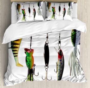 ambesonne fishing duvet cover set, various type of fishing baits hobby leisure passtime sports hooks catch elements, decorative 3 piece bedding set with 2 pillow shams, queen size, white