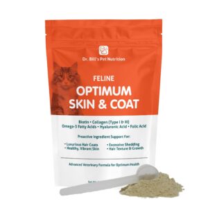 dr. bill’s feline optimum skin & coat – fish oil omega-3 fatty acids for cats healthy fur | reduce shedding and hairballs with biotin, type i & iii marine collagen, hyaluronic acid, & folic acid