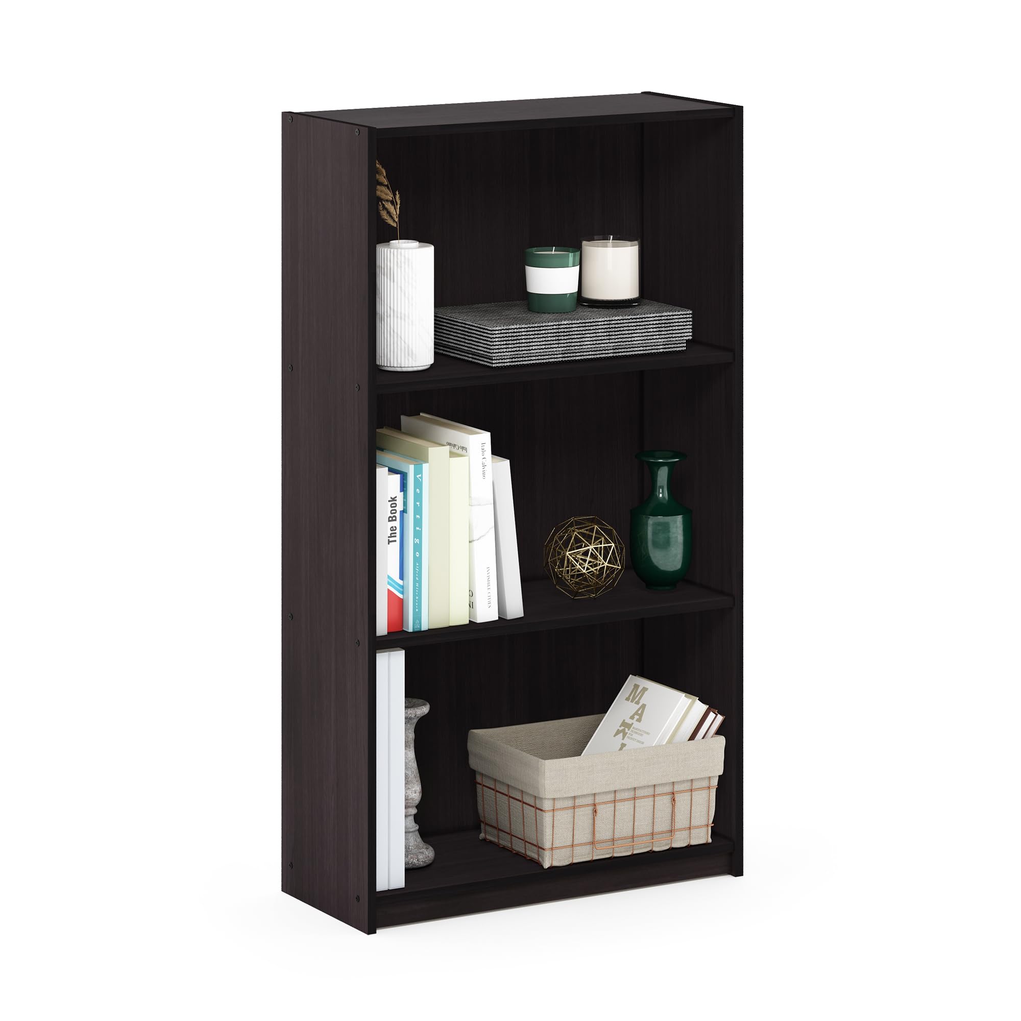 Furinno Basic 3-Tier Bookcase Storage Shelves, Dark Walnut