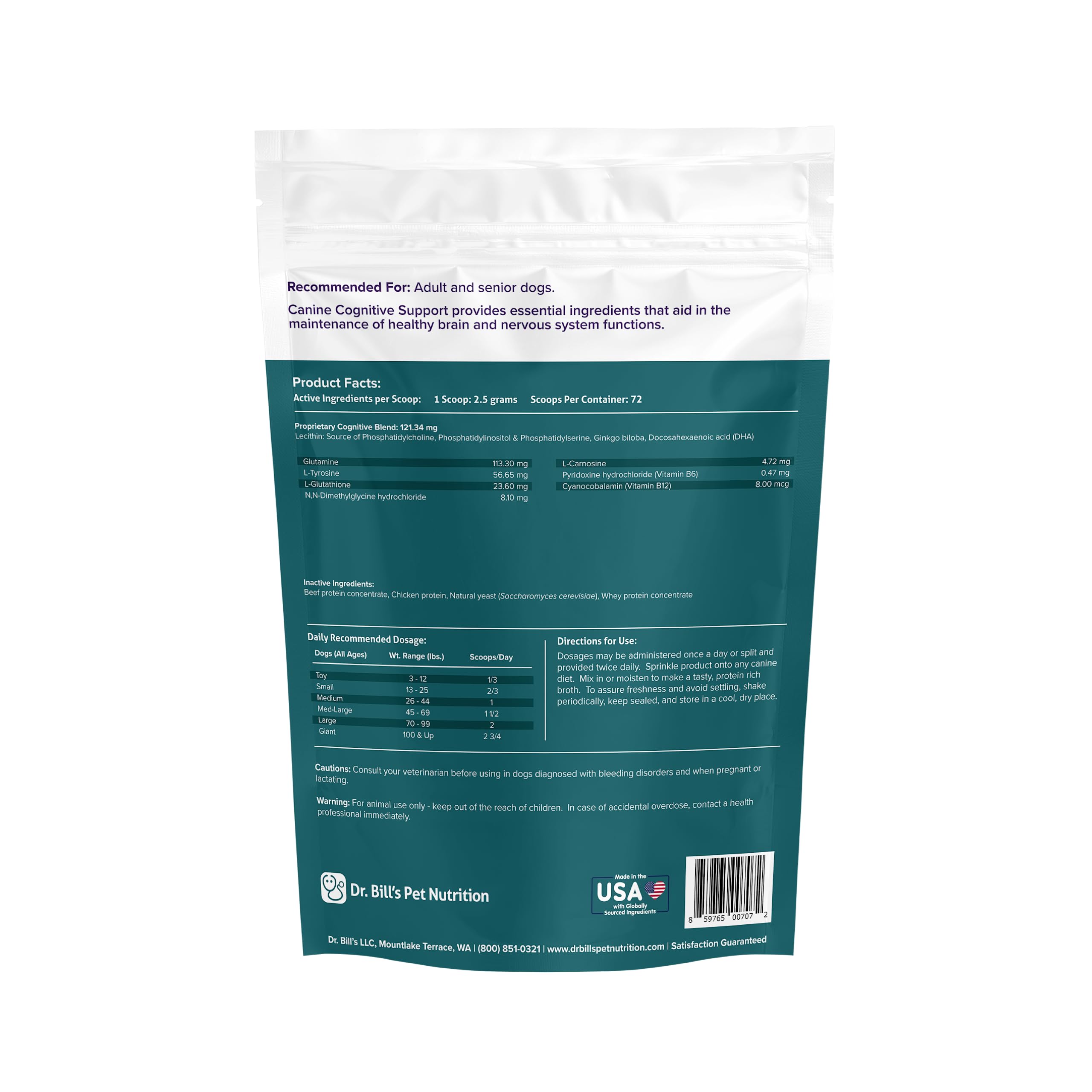 Dr. Bill’s Canine Cognitive Support | Memory Support Supplement Multivitamin for Dogs | Contains Gingko Biloba, L-Carnosine, Vitamin B-12, L-Glutamine, L-Tyrosine, and DHA for Adult and Senior Dog