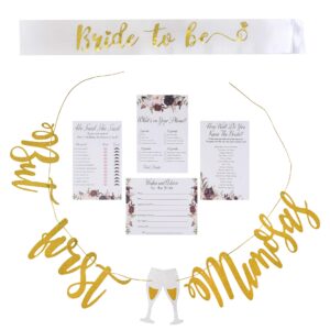 planet mango floral bridal shower games - set of 4 games for 50 guests - with mimosas bar banner and bride to be sash