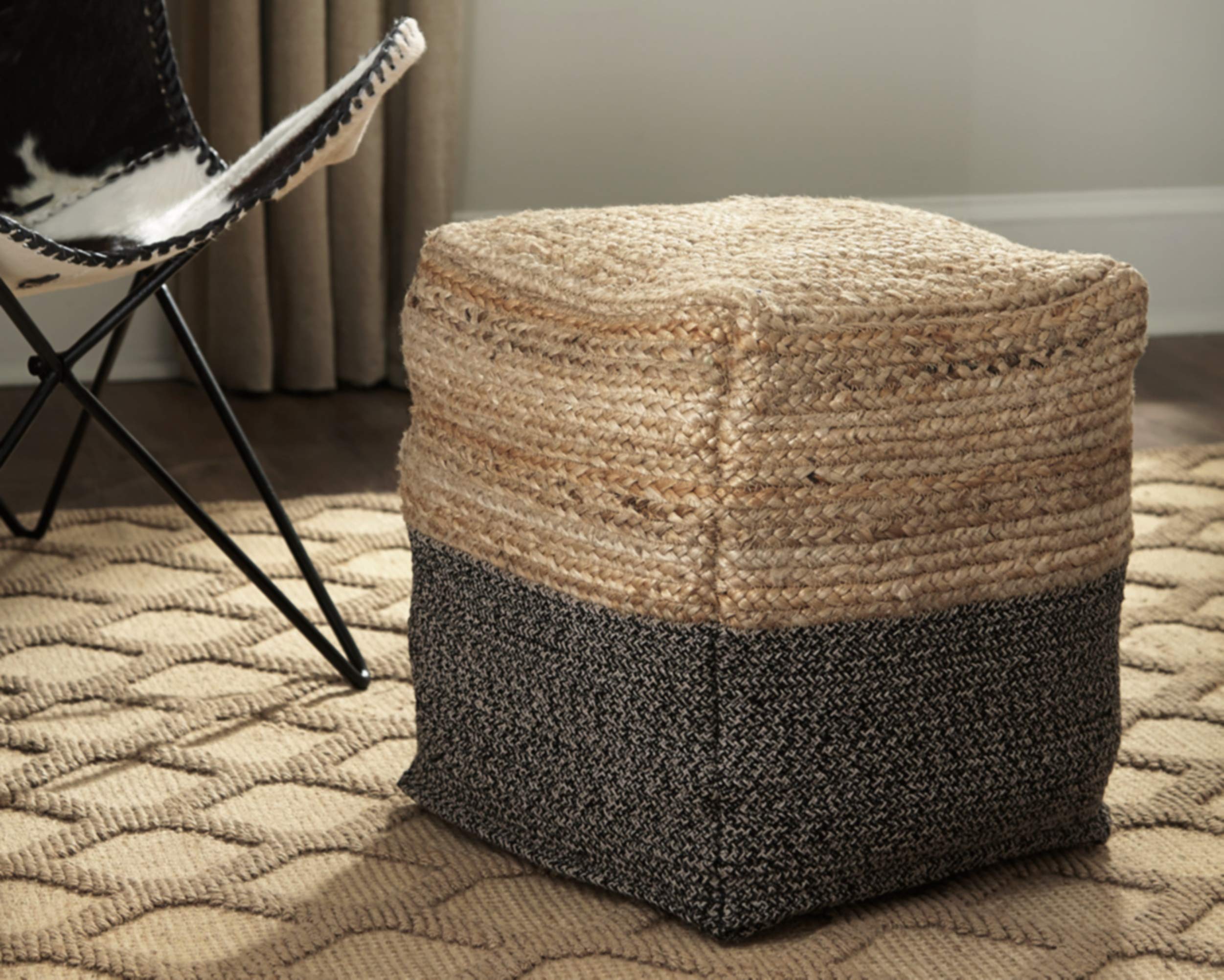 Signature Design by Ashley Sweed Valley Farmhouse Jute Braided Pouf, 17.5 x 20.25 inches, Natural & Black