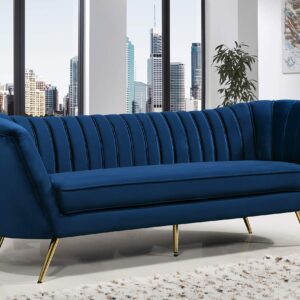 Meridian Furniture Margo Collection Modern | Contemporary Velvet Upholstered Sofa with Deep Channel Tufting and Rich Gold Stainless Steel Legs, Navy, 88" W x 30" D x 33" H