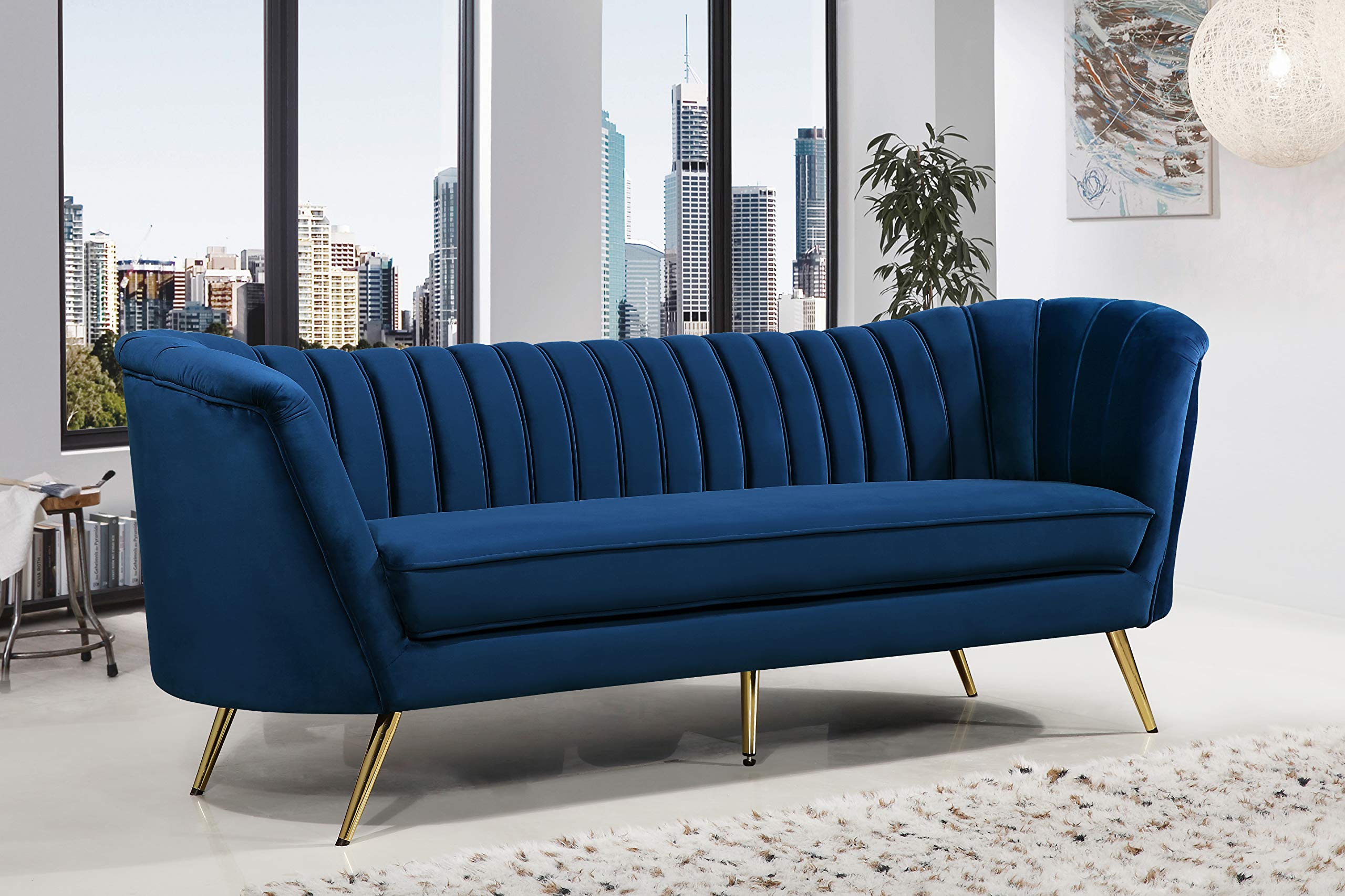 Meridian Furniture Margo Collection Modern | Contemporary Velvet Upholstered Sofa with Deep Channel Tufting and Rich Gold Stainless Steel Legs, Navy, 88" W x 30" D x 33" H