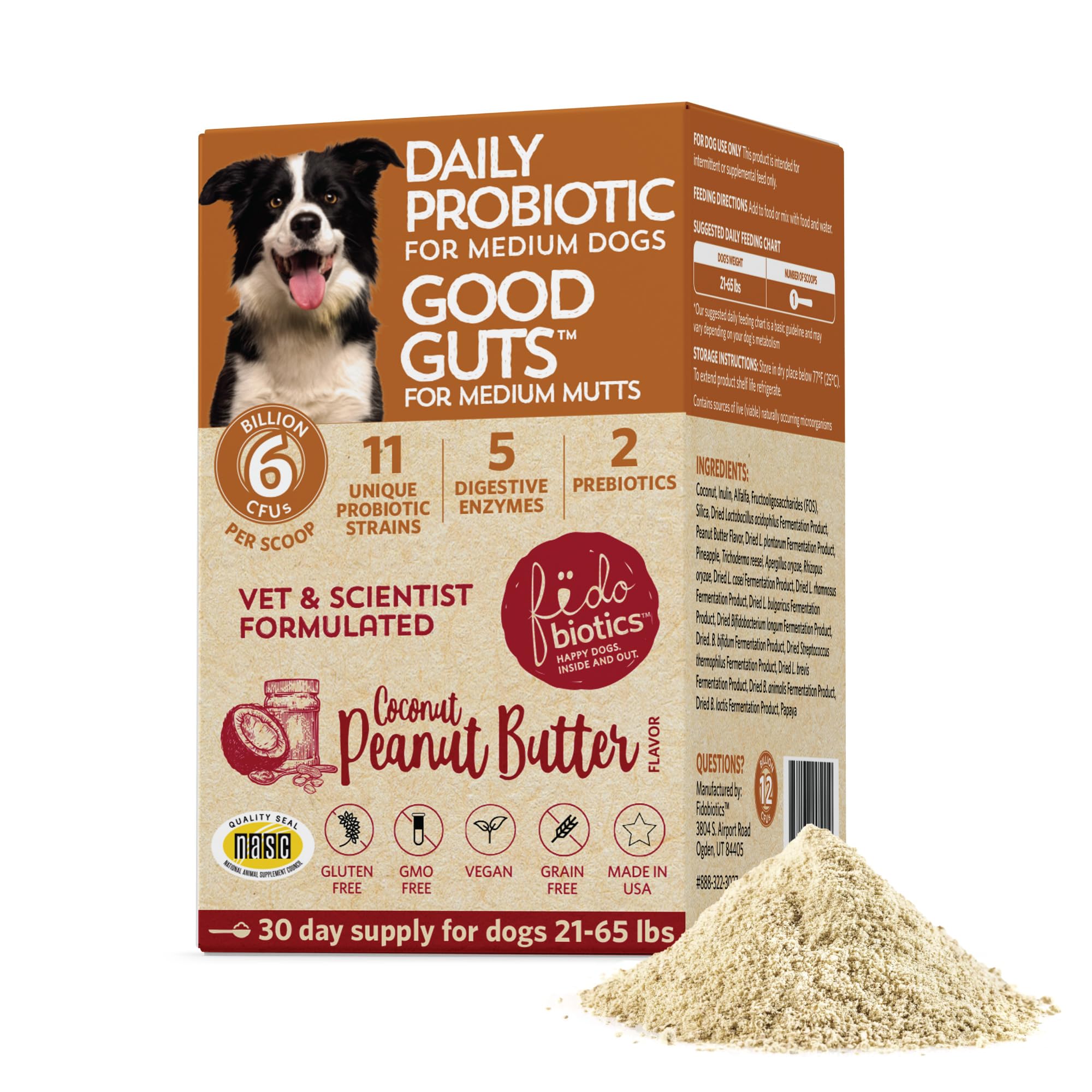 Fidobiotics Good Guts for Medium Mutts Probiotic for Dogs, 6 Billion CFUs, 11 Strains, 5 Digestive Enzymes, 2 Prebiotics, Digestive Gut Health for Dogs, Adult & Puppy Probiotics Supplements (30 Days)