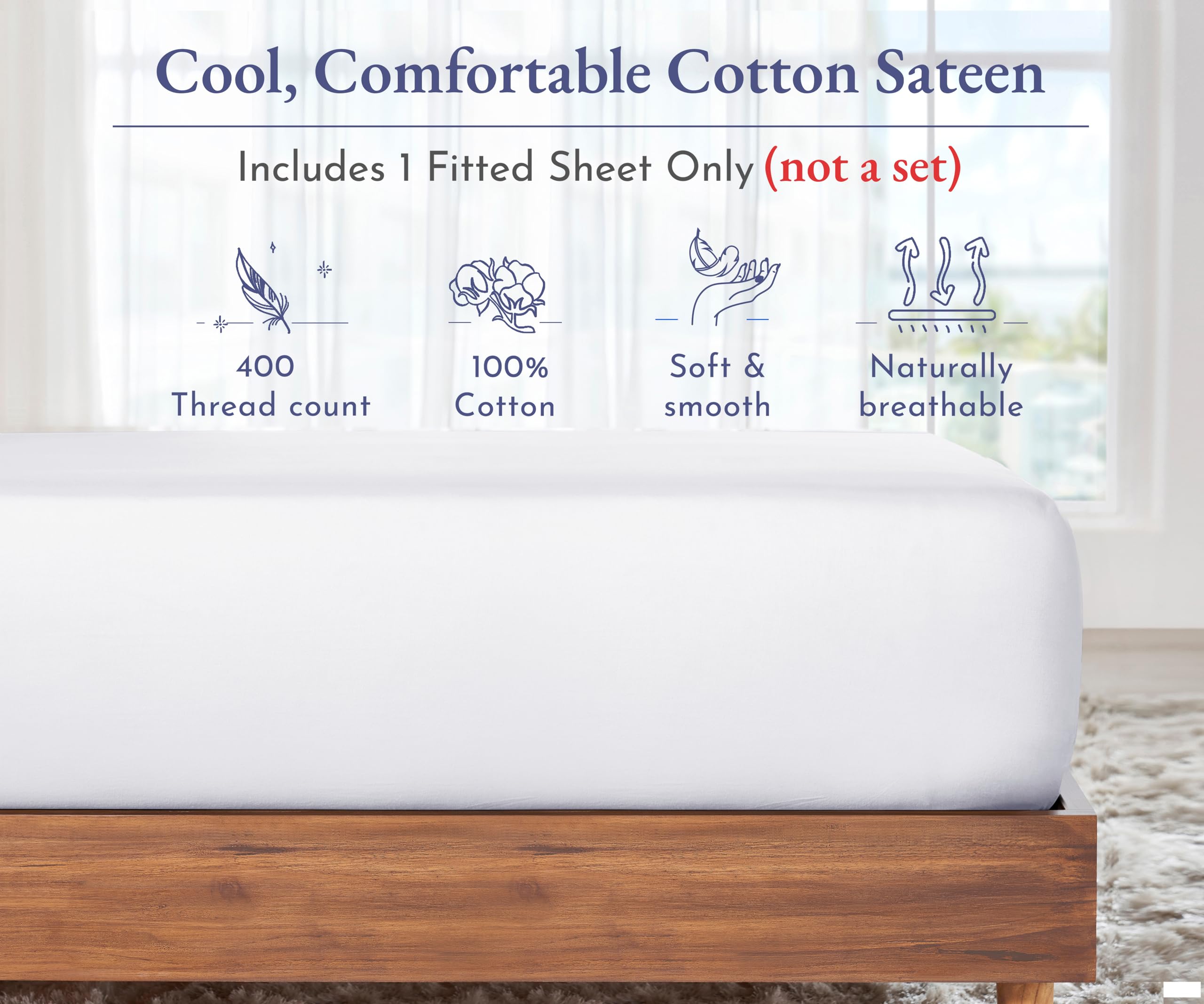 California Design Den White Twin XL Fitted Sheet, 100% Cotton 400 Thread Count Sateen, 1 Fitted Sheet Only for Home, Fits College Dorm Mattresses (Twin XL, White)