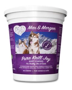 pure krill joy, antarctic krill oil soft chews for dogs, rich in omega 3 and antioxidants, unique shed reducing formula, improves skin and coat, low allergen, made in the usa, 60 soft chews.