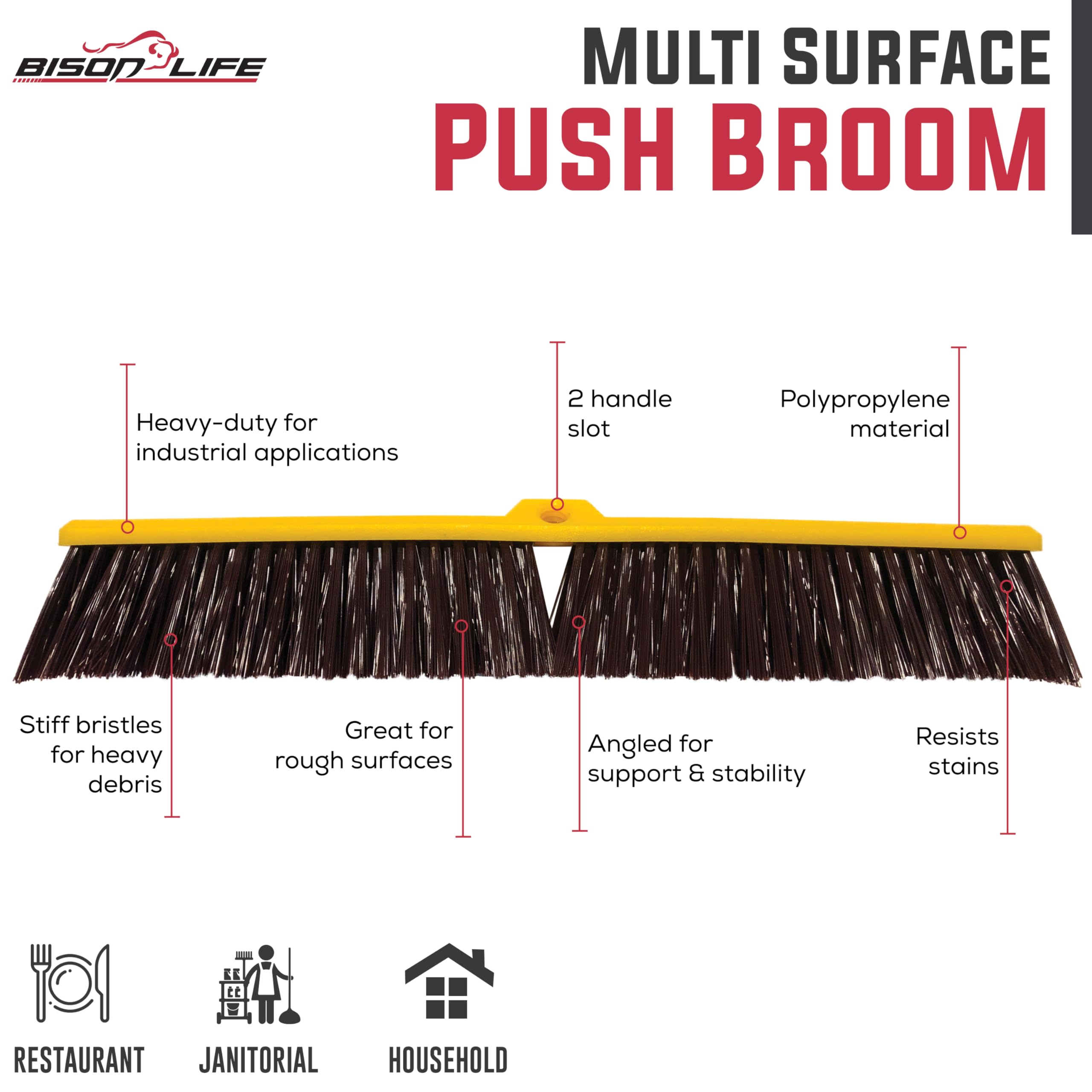 BISON LIFE Multi Surface Push Coarse Polypropylene and Polystyrene Heavy-Duty Floor Sweep Broom, Black