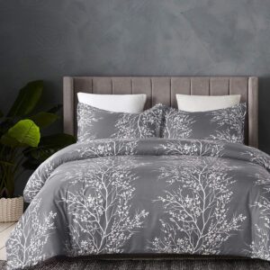 vaulia soft microfiber duvet cover set, grey and white floral branches printed pattern - king size 3-piece set (1 duvet cover 2 pillow shams)