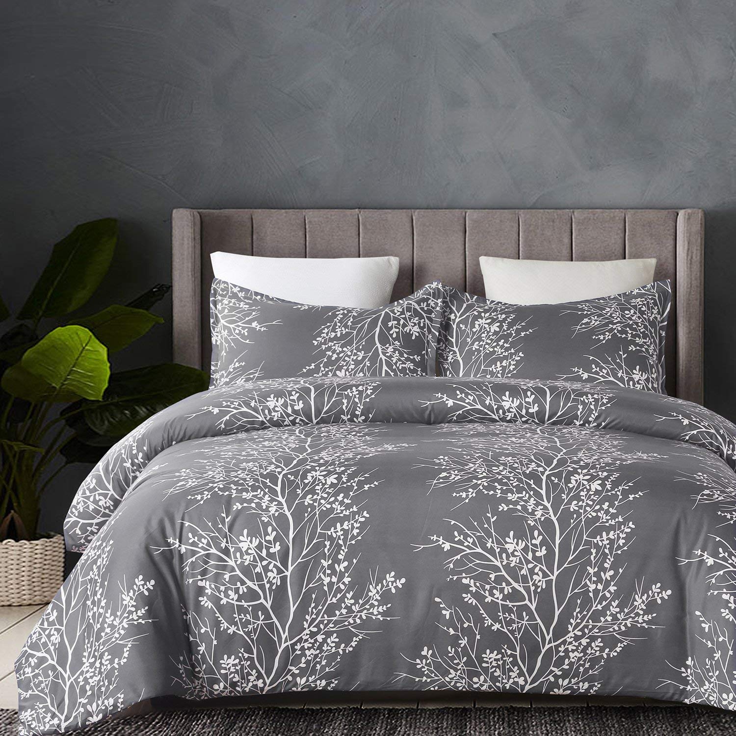 Vaulia Soft Microfiber Duvet Cover Set, Grey and White Floral Branches Printed Pattern - King Size 3-Piece Set (1 Duvet Cover 2 Pillow Shams)