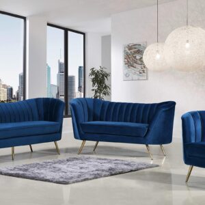 Meridian Furniture Margo Collection Modern | Contemporary Velvet Upholstered Sofa with Deep Channel Tufting and Rich Gold Stainless Steel Legs, Navy, 88" W x 30" D x 33" H