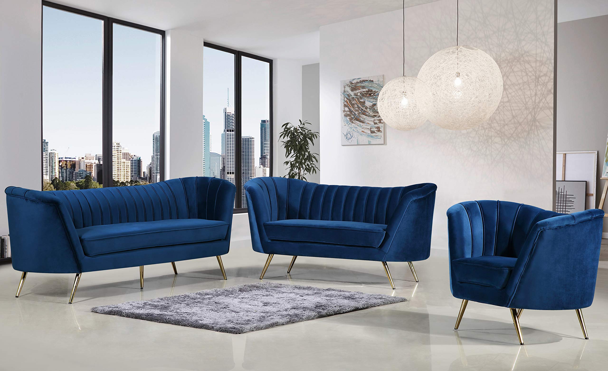 Meridian Furniture Margo Collection Modern | Contemporary Velvet Upholstered Sofa with Deep Channel Tufting and Rich Gold Stainless Steel Legs, Navy, 88" W x 30" D x 33" H