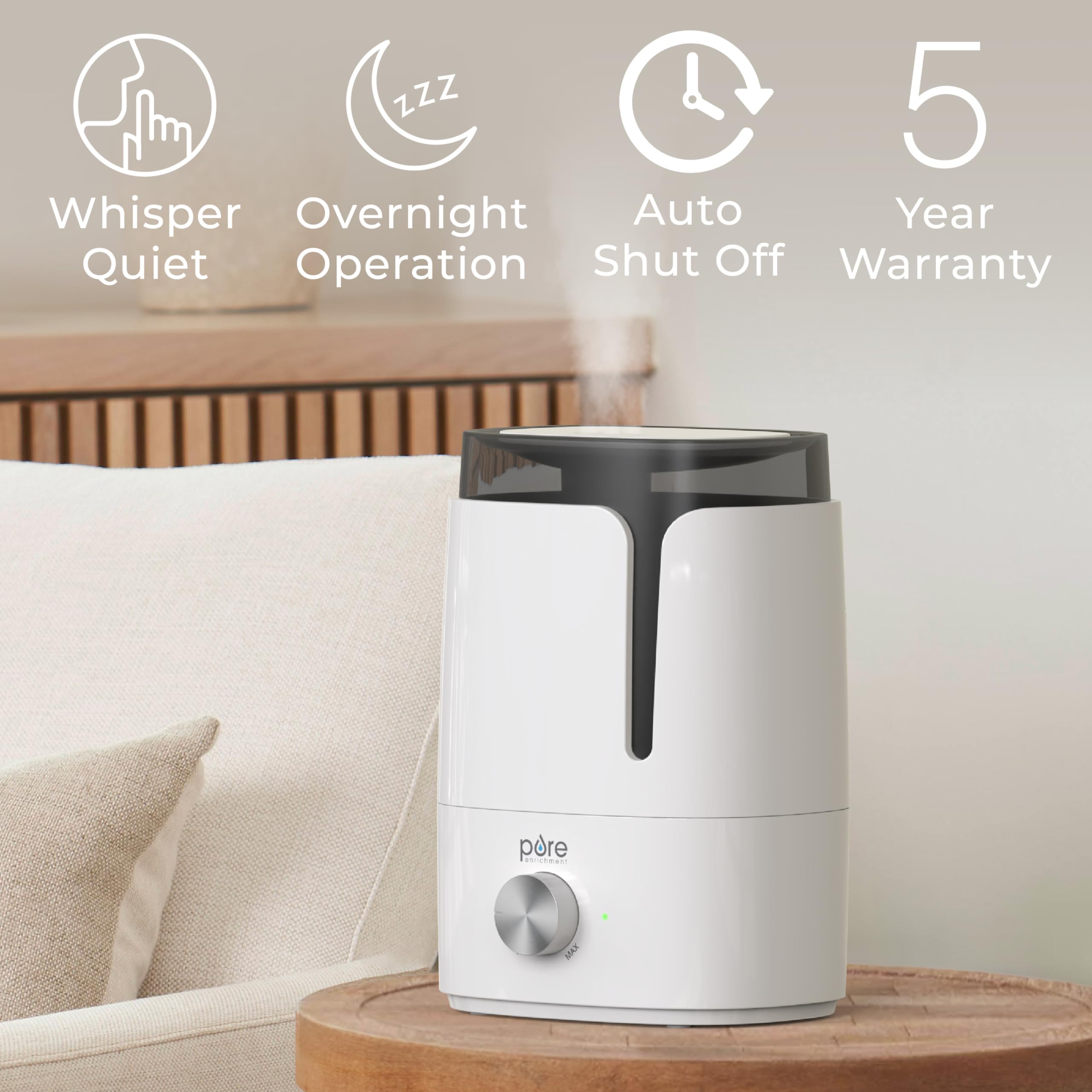 Pure Enrichment HUME Ultrasonic Cool Mist Humidifier - Easy-Clean 3.5L Tank Lasts up to 50 Hours; Whisper Quiet, & Auto Shut-Off for Large Living Rooms, Basements, Bedrooms, Nurseries, & Plants