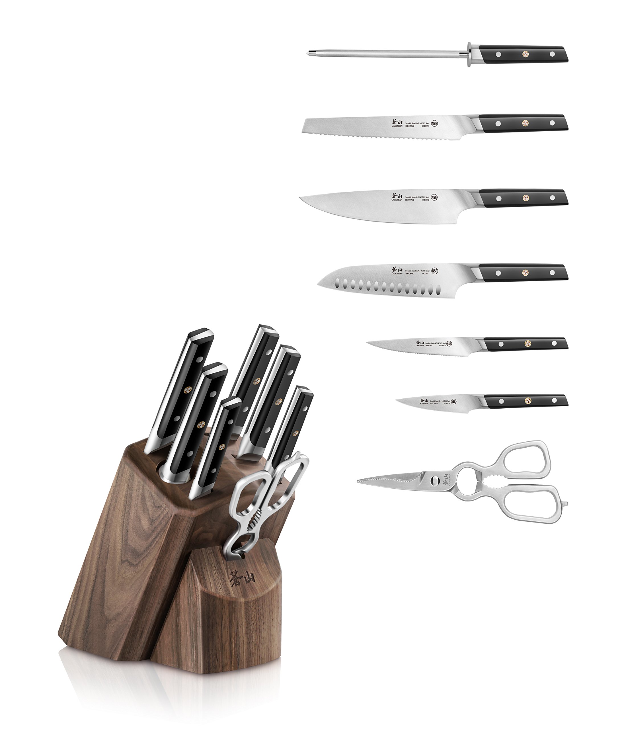 Cangshan TC Series 1021219 Swedish 14C28N Steel Forged 8-Piece Knife Block Set, Walnut