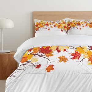 Ambesonne Fall Duvet Cover Set, Image of Canadian Maple Tree Leaves in Autumn Season Soft Reflection Effects, Decorative 3 Piece Bedding Set with 2 Pillow Shams, Queen Size, Orange White