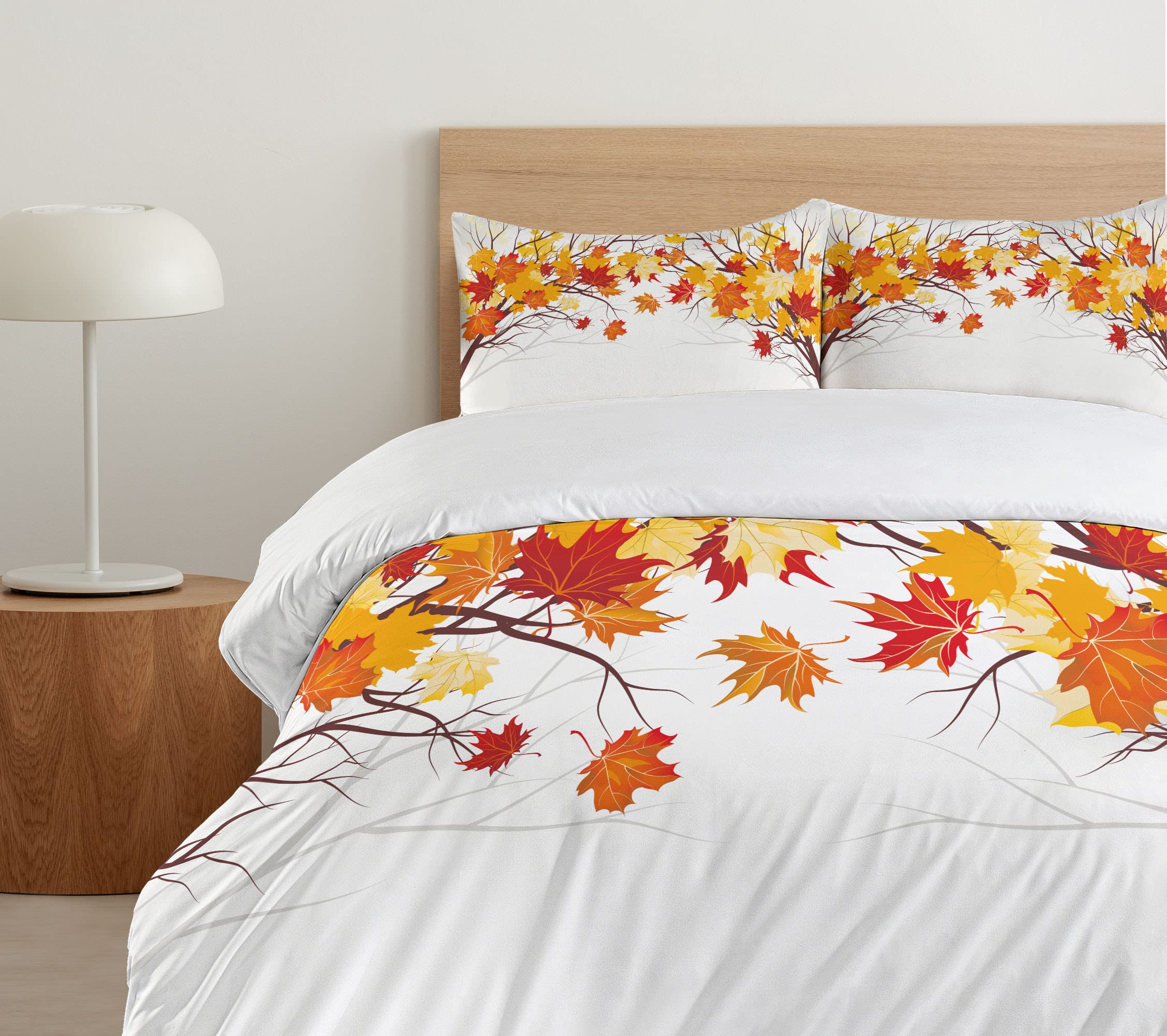 Ambesonne Fall Duvet Cover Set, Image of Canadian Maple Tree Leaves in Autumn Season Soft Reflection Effects, Decorative 3 Piece Bedding Set with 2 Pillow Shams, Queen Size, Orange White