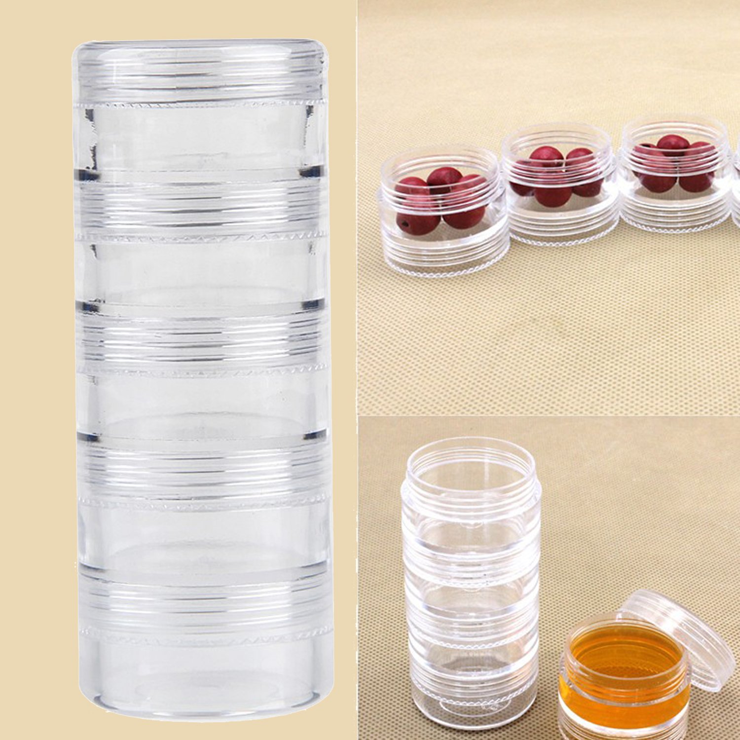 TDOTM 5 Layer cylinder Stackable Transparent Round PS Plastic Storage Container Box Super Clear Accessories Organizer Box for Beads Crafts Other Small Items (3 Column Combination Sale)…