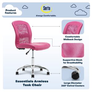 Serta Essential Armless Desk Chair Small TaskChair with Wheels, Breathable Mesh Back, SertaQuality Foam Cushion Seat for Comfort, Functional, Lightweight and Versatile, Task, Pink